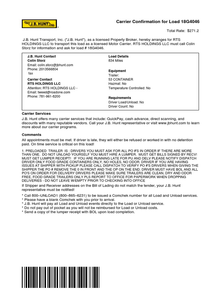 Carrier Confirmation For Load 18G4046: J.B. Hunt Contact Colin Storz ...