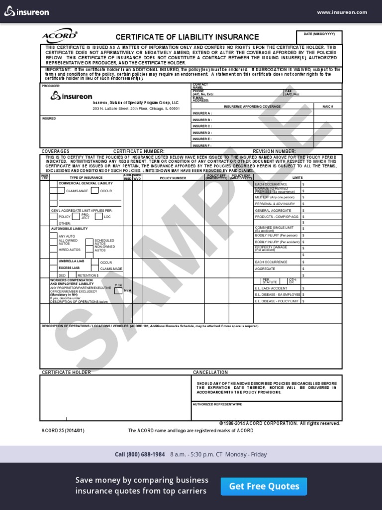 Sample Acord Certificate of Liability Insurance | PDF