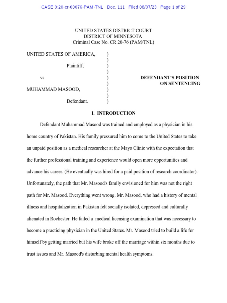 Masood Case Defense Sentencing Memo | PDF | United States Federal ...