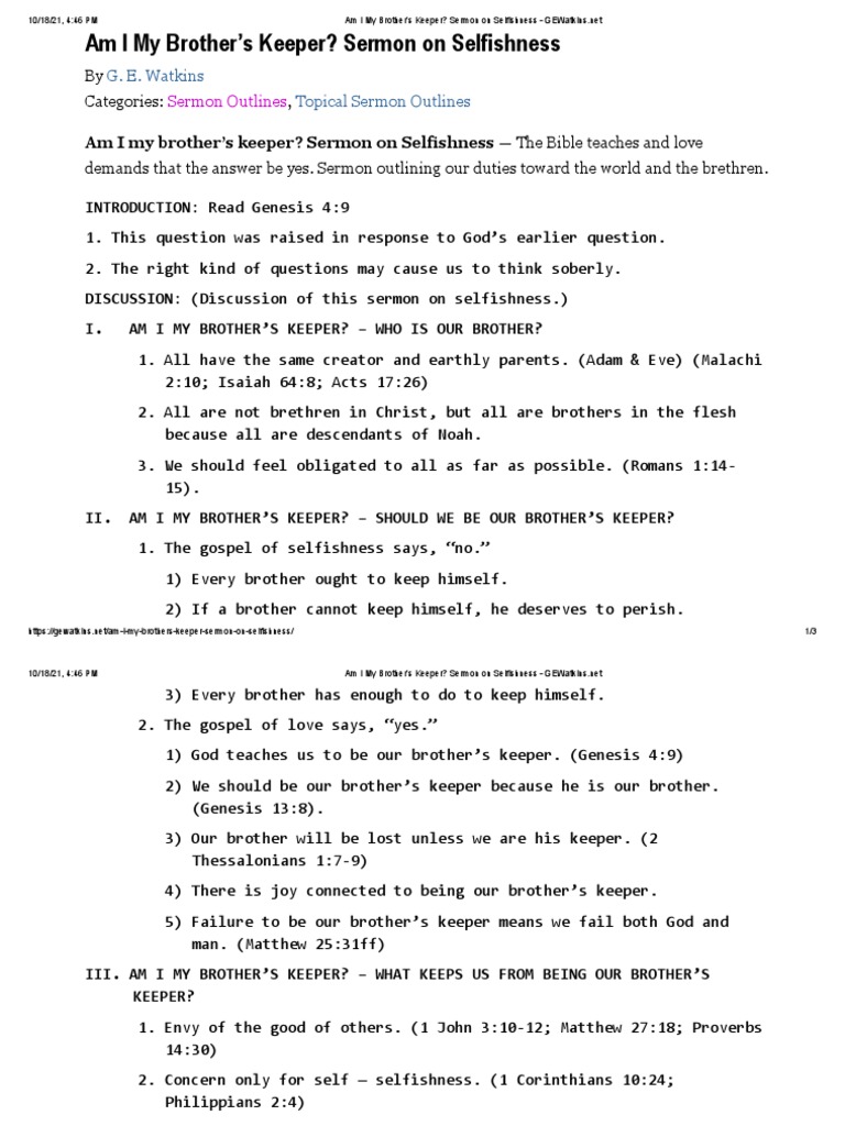 Am I My Brother's Keeper - Sermon On Selfishness | PDF | Gospel Of Matthew | Book Of Genesis