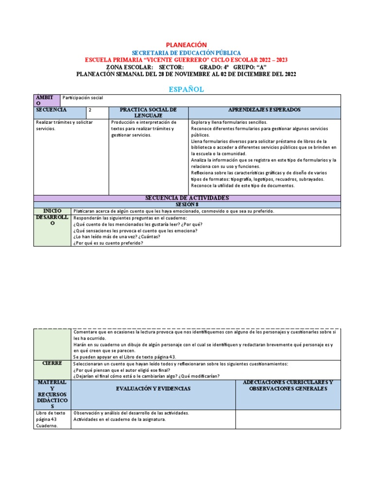 Planeación Semanal 4° Grado SEP | PDF | Vacunas | Educación primaria