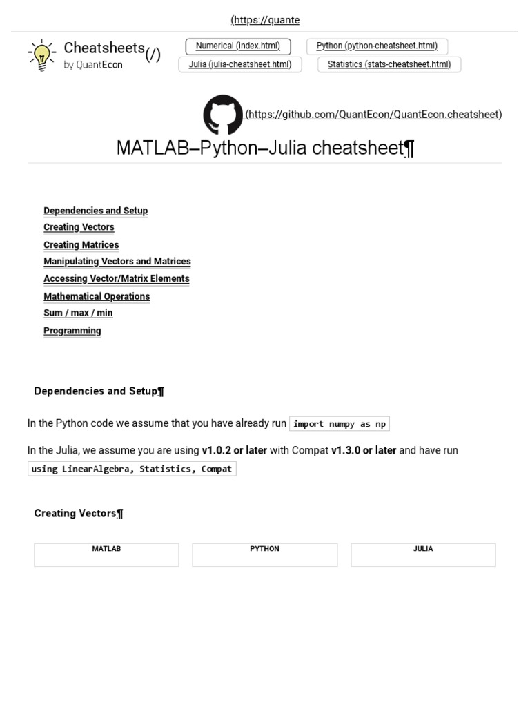 MATLAB2Python-Julia Cheatsheet | PDF | Matrix (Mathematics ...