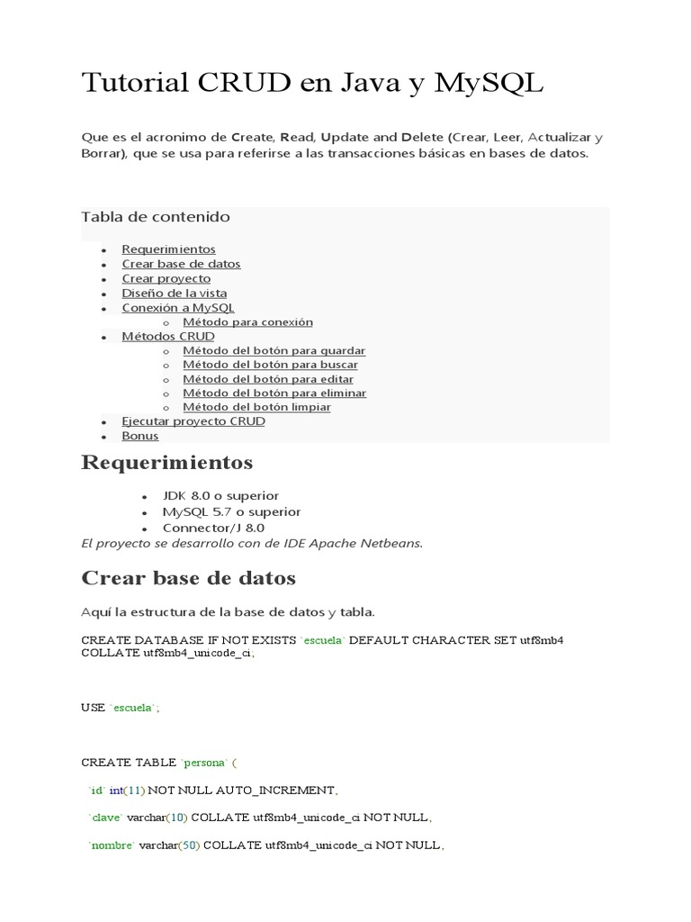 Tutorial CRUD en Java y MySQL | PDF
