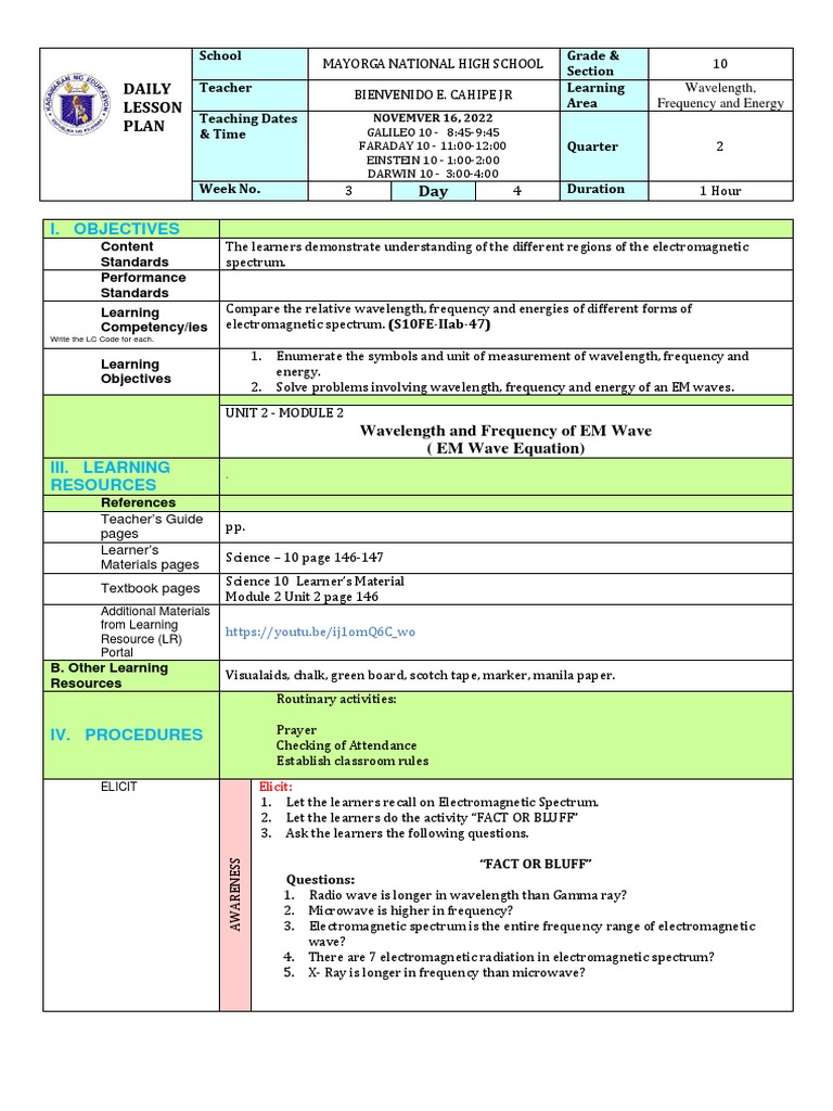 Grade 10 EM Spectrum Lesson Plan | PDF | Electromagnetic Radiation ...