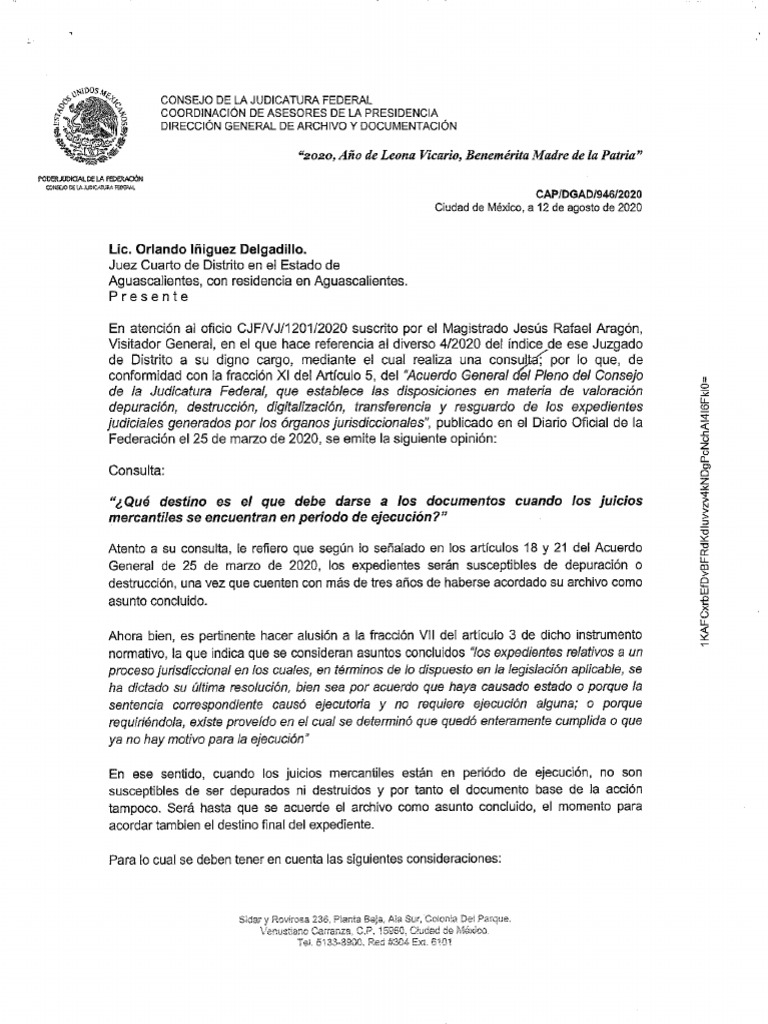 CAP - DGAD - 946 - 2020 Destino Docs Juicios Mercantiles | PDF