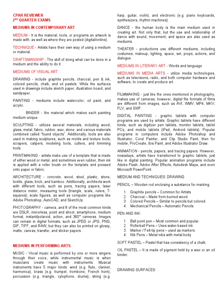 CPAR 2nd Quarter Reviewer: Art Mediums | PDF | Acrylic Paint | Camera