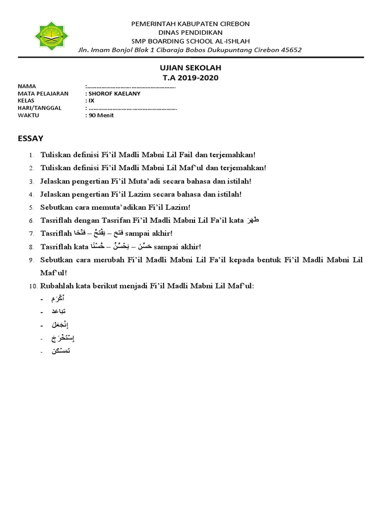 SOAL Ujian Shorof 2020 Kls 9 | PDF