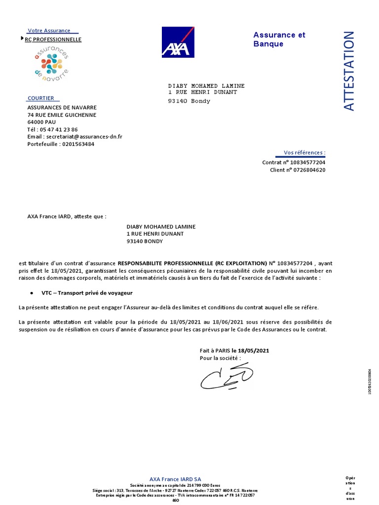 Attestation RC PRO VTC Pro | PDF