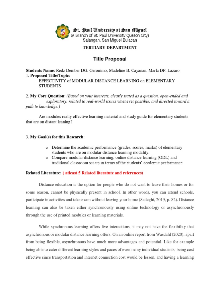 (Proposal #2) EFFECTIVITY of MODULAR DISTANCE LEARNING on ELEMENTARY ...