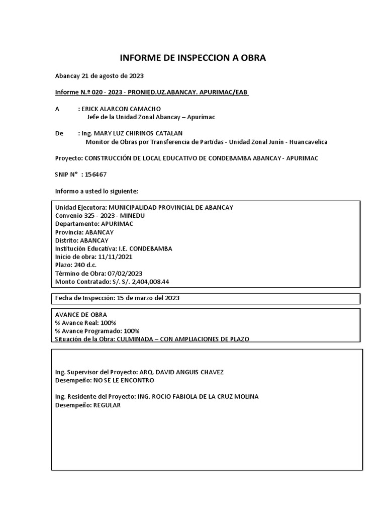 INFORME de Inspeccion de Obra | PDF