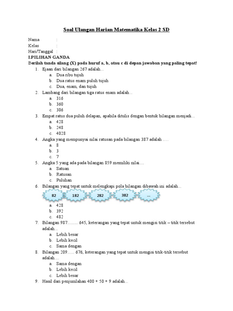 Soal Ulangan Harian Matematika Kelas 2 SD | PDF | Metode & Bahan Ajar