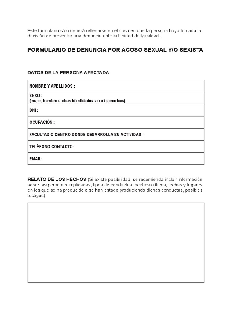 Formulario De Denuncia Por Acoso Sexual Y O Sexista 2 1 Pdf 5366