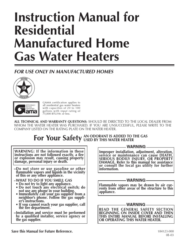 Instruction Manual For Residential Manufactured Home Gas Water Heaters ...