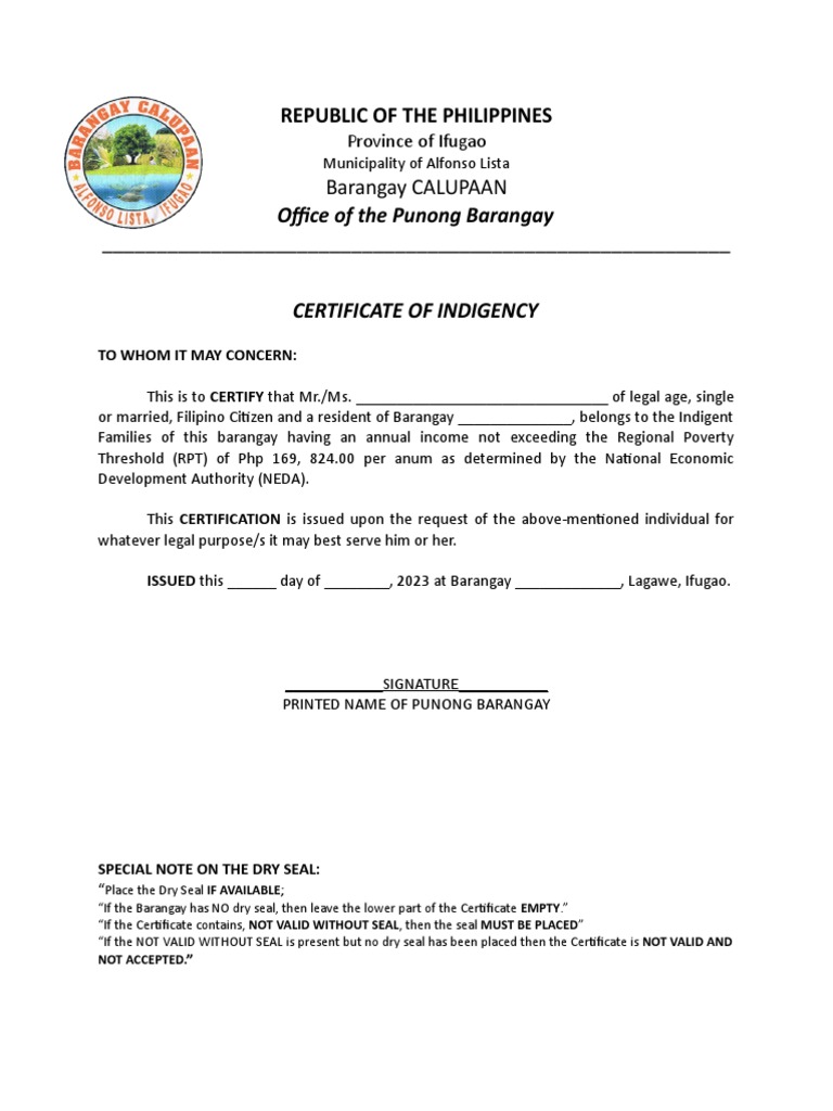 Cert. of Indigency Template | PDF