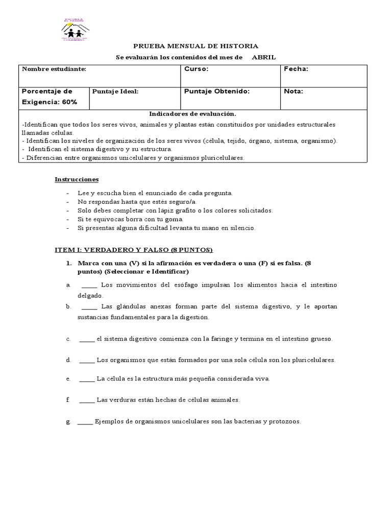 PRUEBA 5° NIVELES - DE - ORGANIZACIONES - Editada | PDF