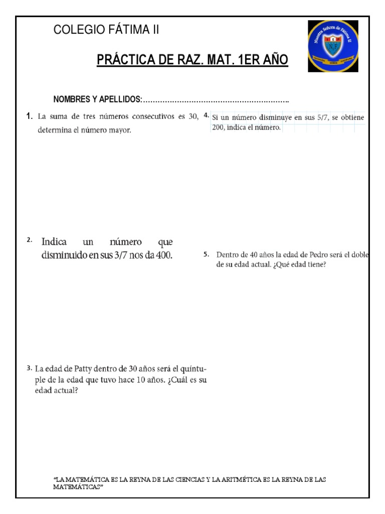 Practica Raz. Mat. 1año Nov | PDF