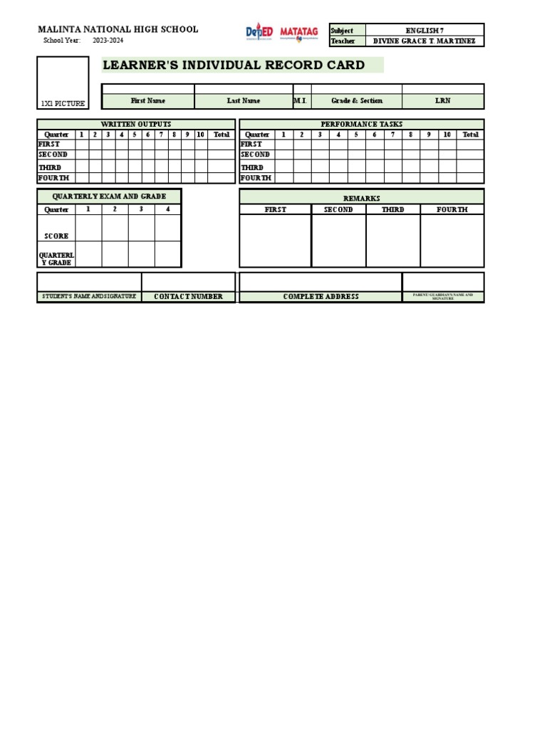 Learner's Individual Record Card 2023-24 | PDF