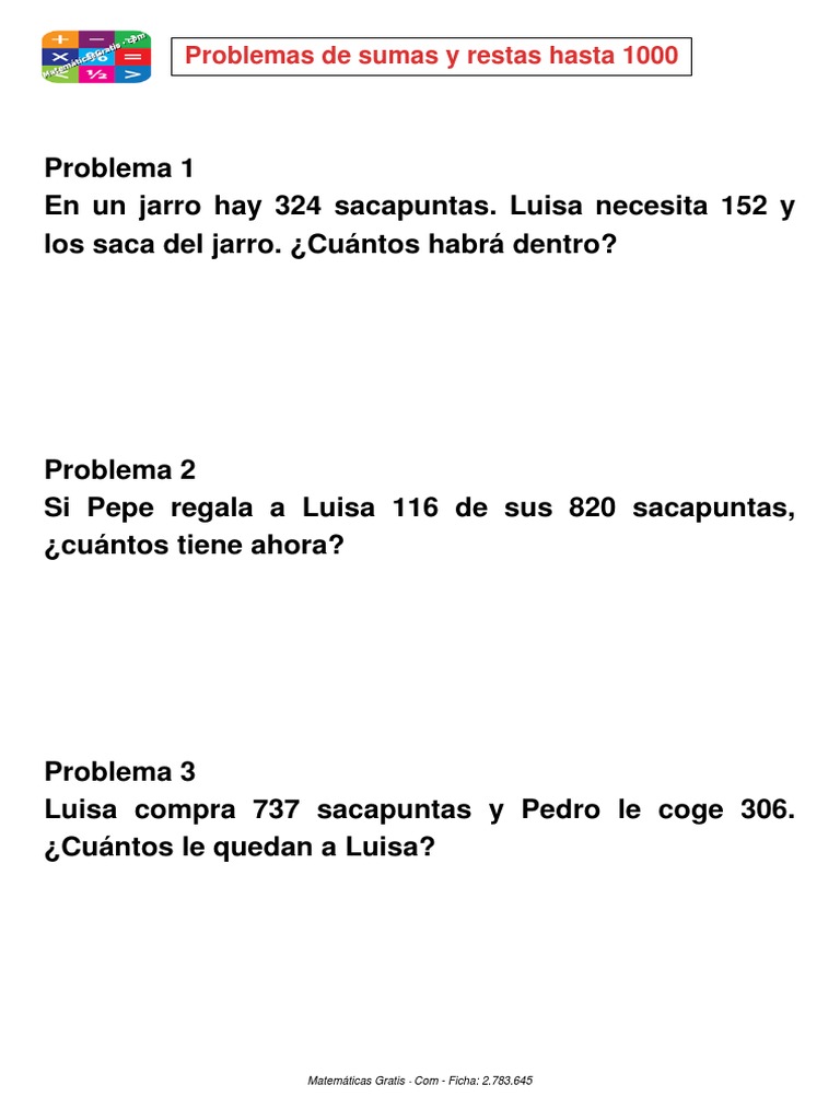 Problemas de Sumas y Restas Hasta 1000 | PDF