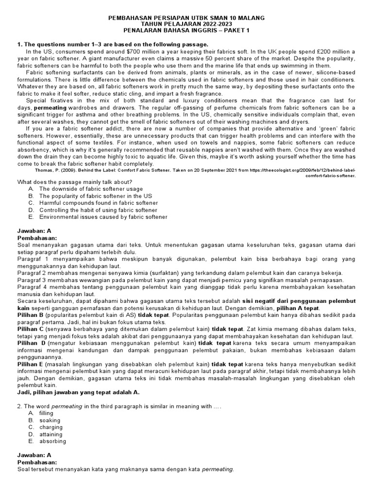 Soal Literasi Bahasa Inggris Dan Pembahasan 1 | PDF