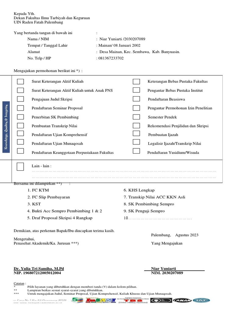 Borang Pendaftaran Sempro Niarr | PDF