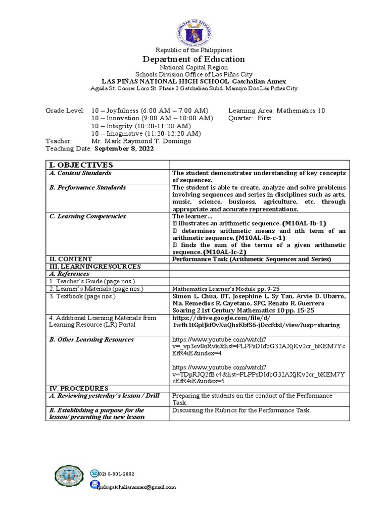 G10-Mathematics-Dll-Sept 8 | PDF | Learning | Mathematics