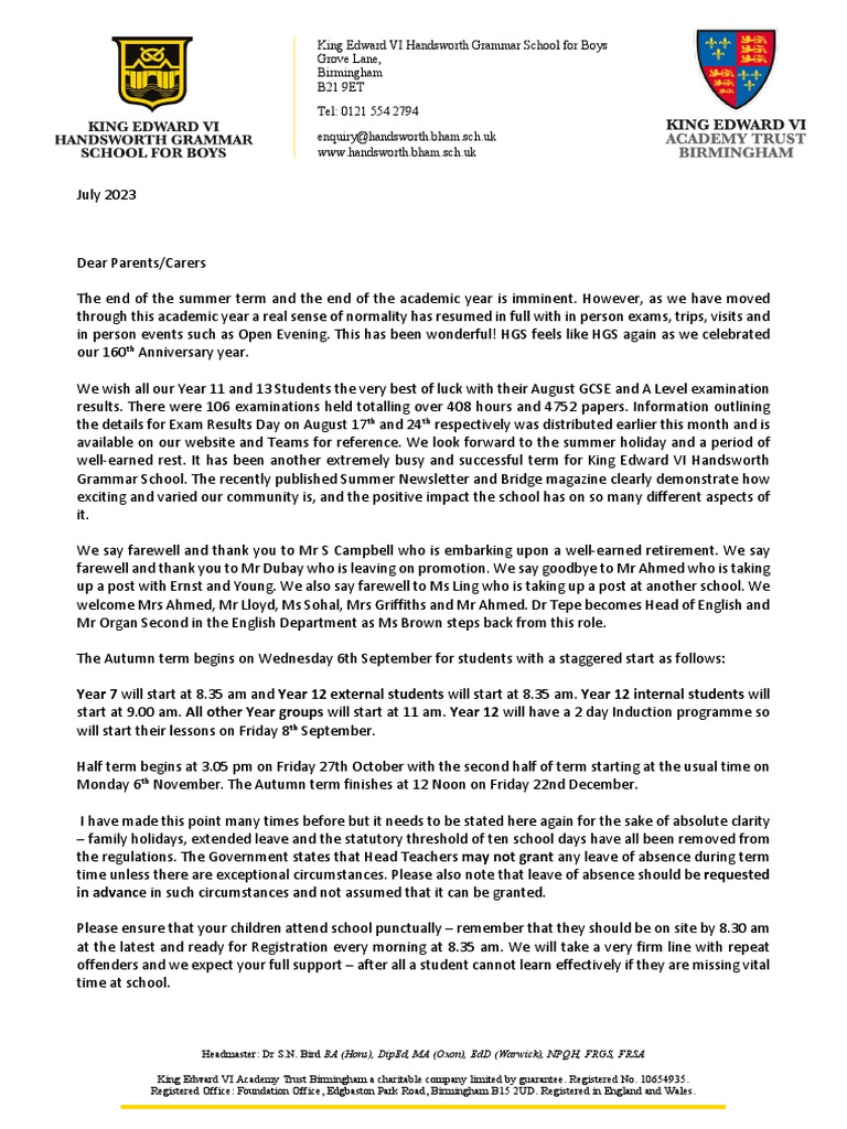 End of Term Letter July 2023 | PDF | Clothing | Fashion