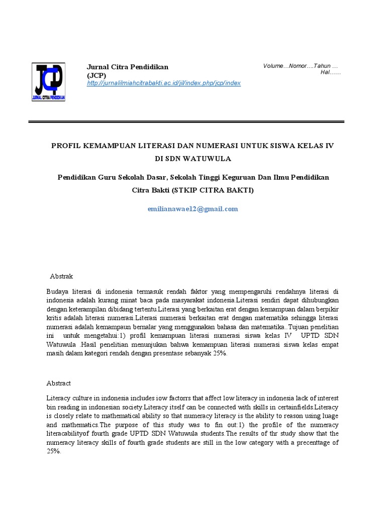 Artikel Profil Kemampuan Literasi Numerasi Untuk Siswa SD Kelas IV EMY | PDF