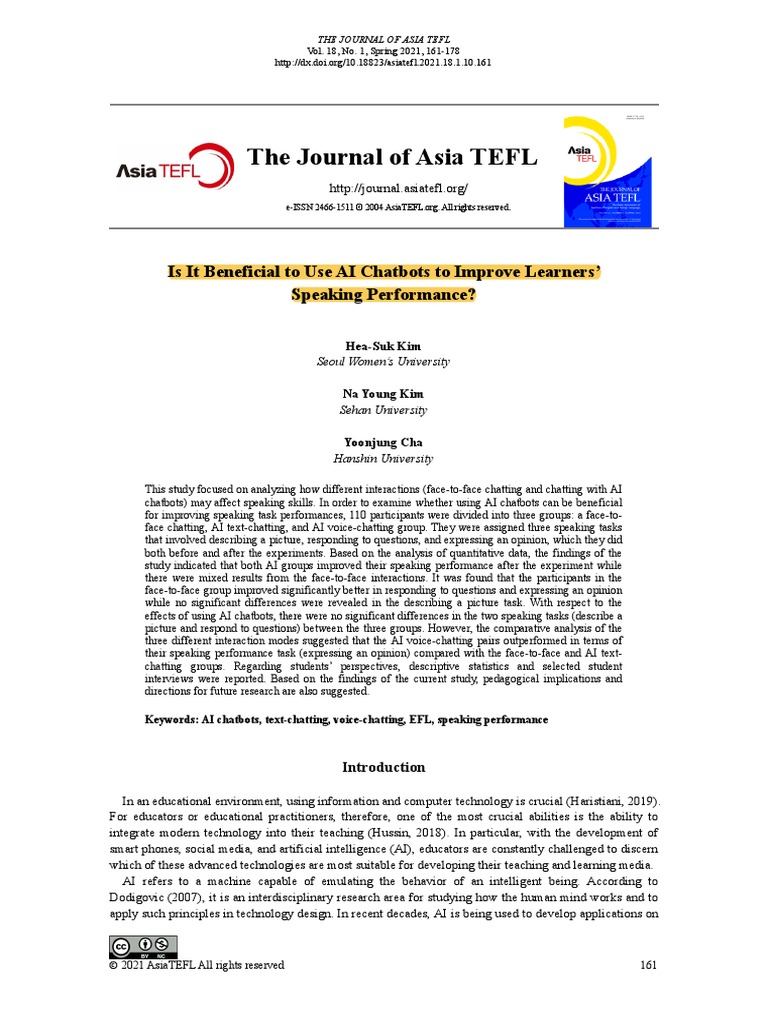 AsiaTEFL V18 N1 Spring 2021 Is It Beneficial To Use AI Chatbots To Improve Learners Speaking ...