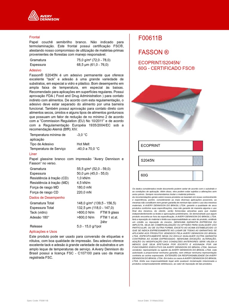 f00611b Fasson Ecoprint - s2045n - 60g | PDF | Impressão | Brasil