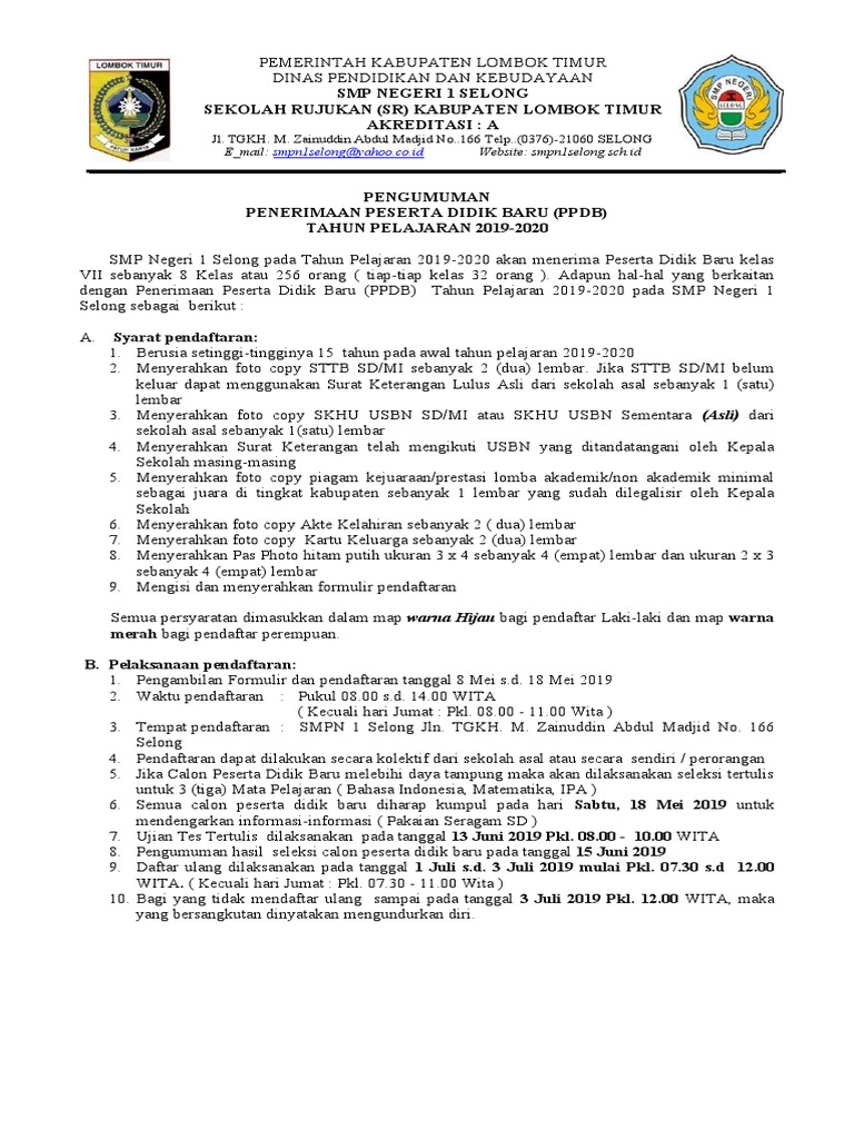 SYARAT DAFTAR PPDB 2019-2020 - Ok | PDF