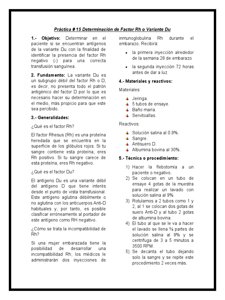 Práctica #15 Determinacion de Rh o variante Du. | PDF | Anatomia animal ...
