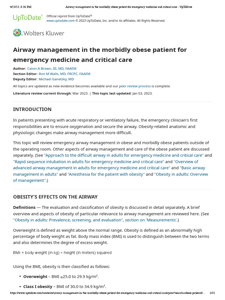 Airway Management in The Morbidly Obese Patient For Emergency Medicine ...