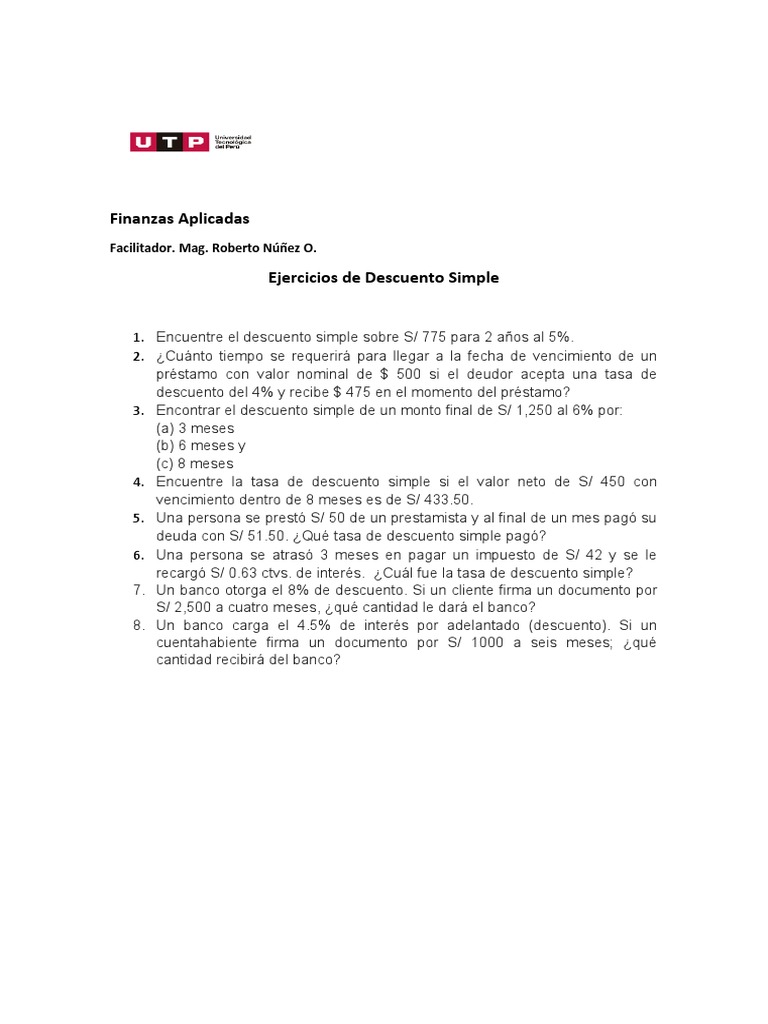 Ejercicios de Descuento Simple | PDF | Finanzas y dinero