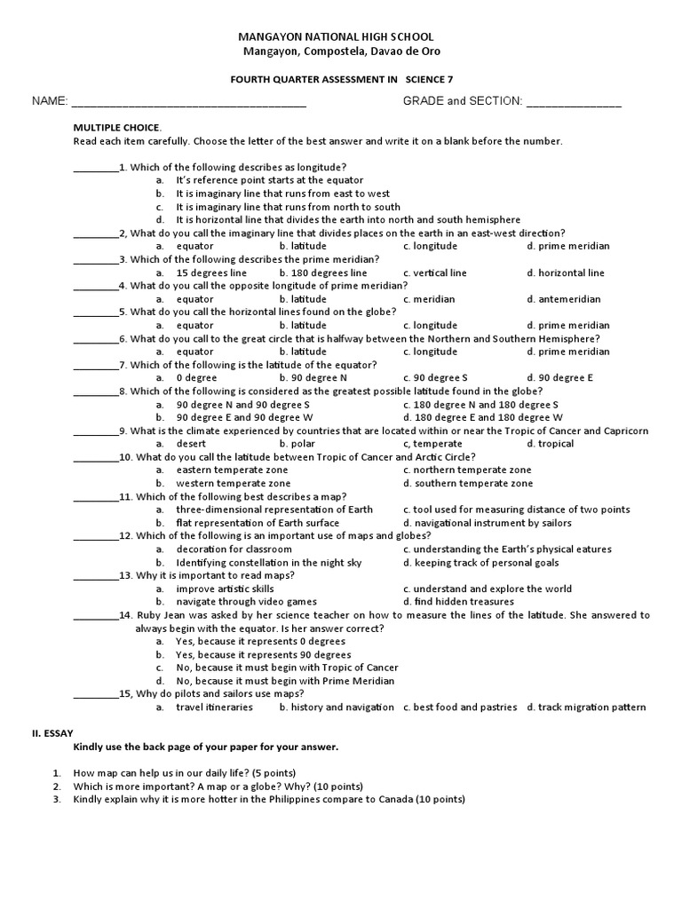 Science 7 4th Quarter | PDF | Equator | Latitude