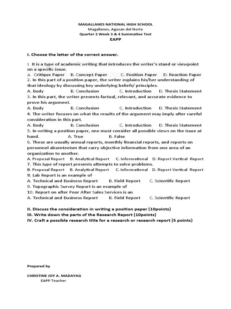 Quarter 2 Week 3 4 Summative Test Pdf Career Growth Language