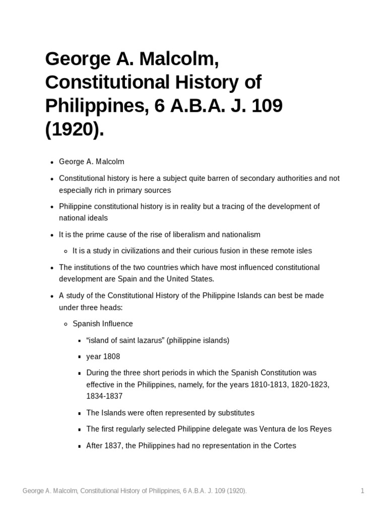 George A. Malcolm Constitutional History of Philippines 6 A.B.A. J. 109 ...