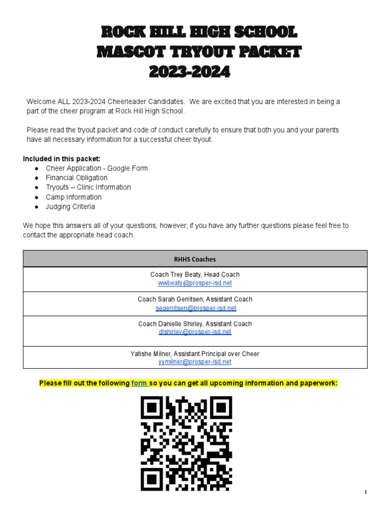 2023-24 ROCK HILL MASCOT TRYOUT PACKET | Download Free PDF | Cheerleading