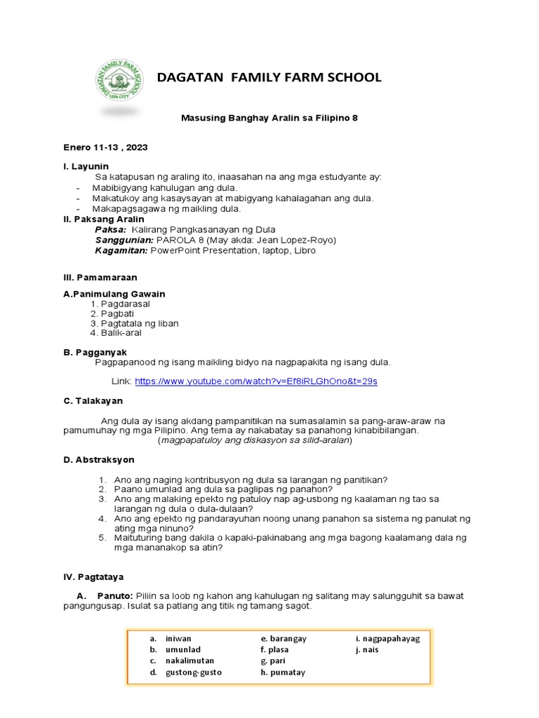 Lesson Plan in Filipino 8 Kaligirang Pangkasanayan Sa Dula | PDF