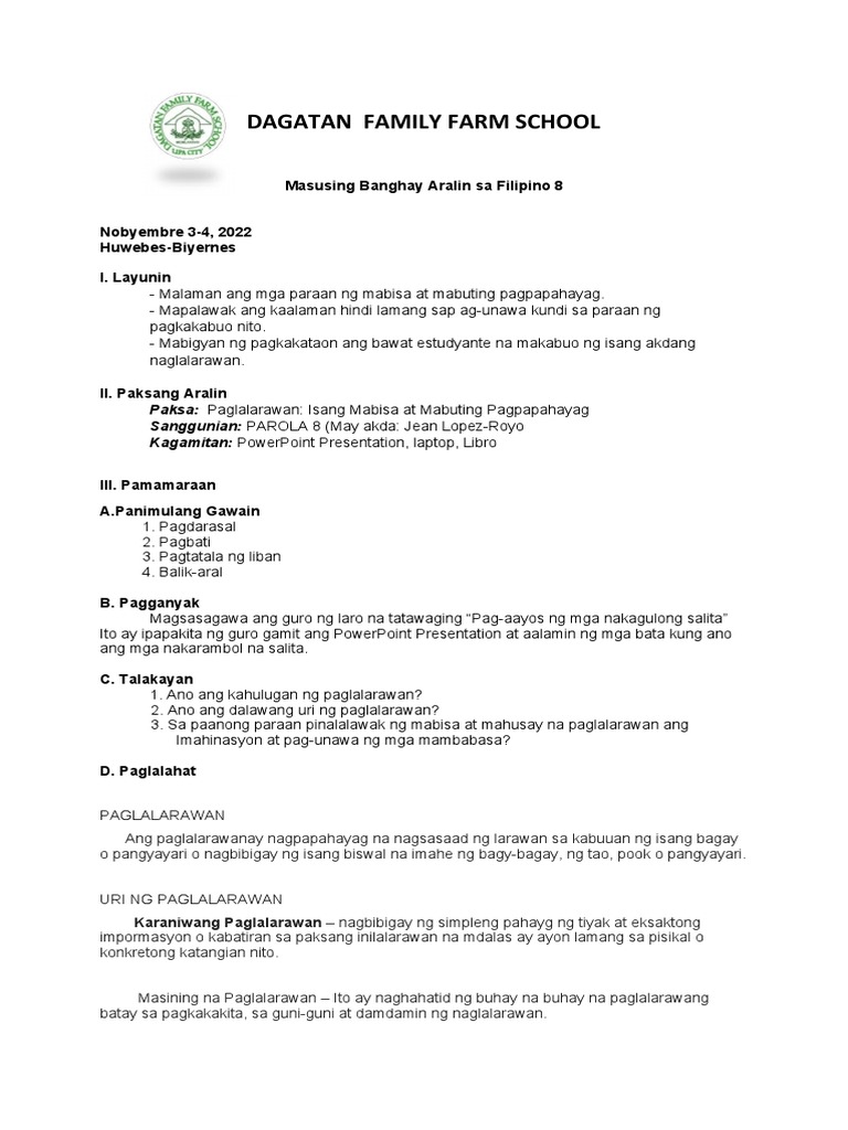 Lesson Plan in Filipino 8 Paglalarawan | PDF