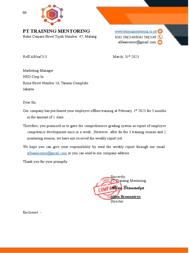Surat Bahasa Inggris PT Training Mentoring | PDF