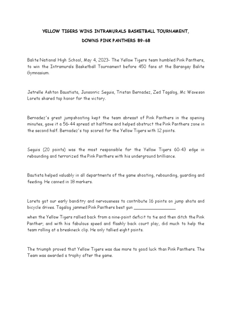Yellow Tigers Triumph Over Pink Panthers | PDF