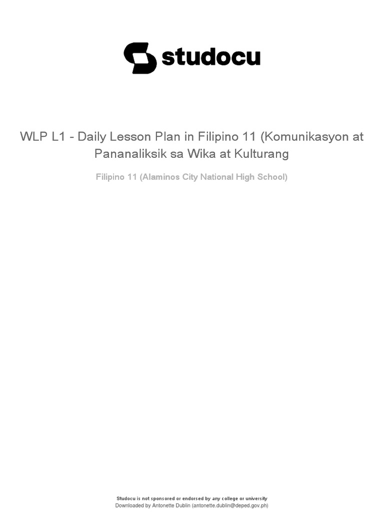 WLP l1 Daily Lesson Plan in Filipino 11 Komunikasyon at Pananaliksik Sa Wika at Kulturang | PDF