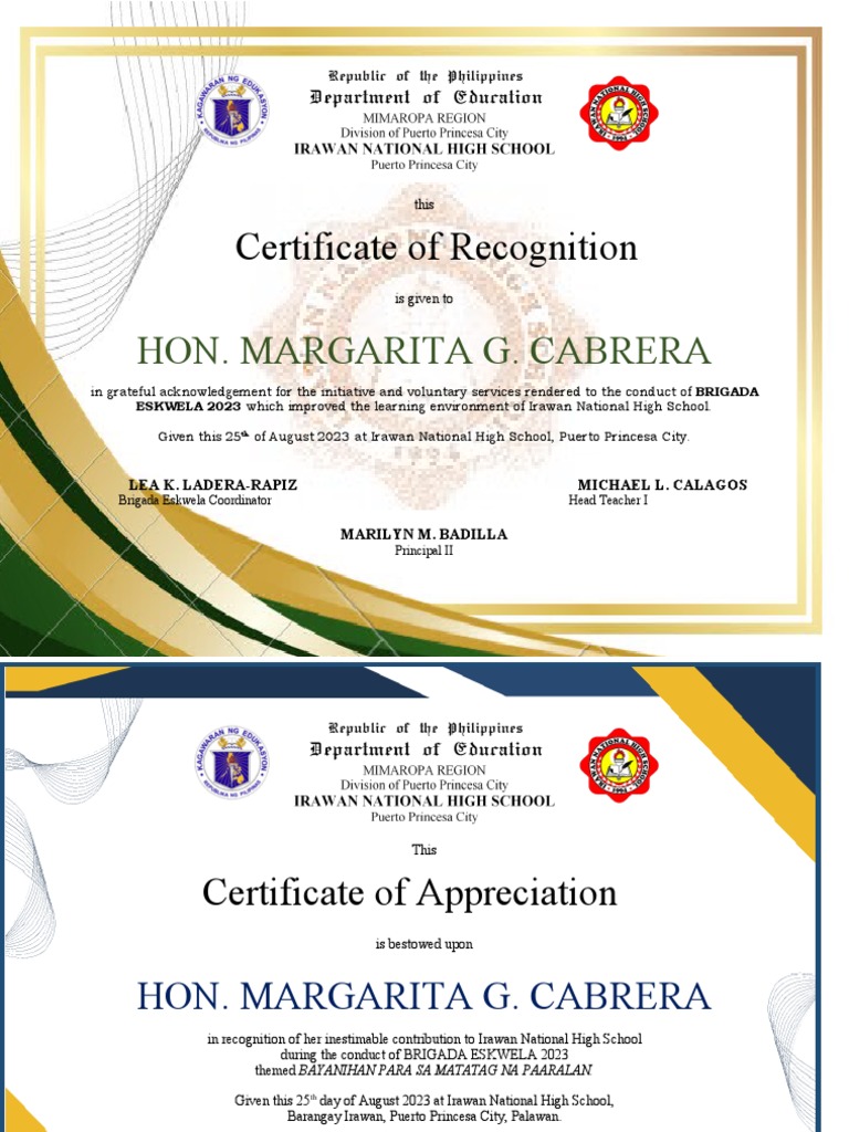 BRIGADA ESKWELA CERTIFICATES | PDF