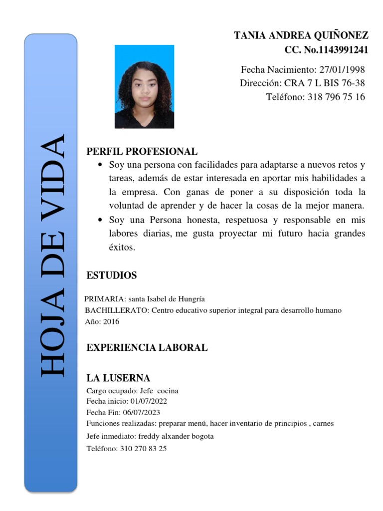 Hoja de Vida Tania Andrea Quiñonez | PDF
