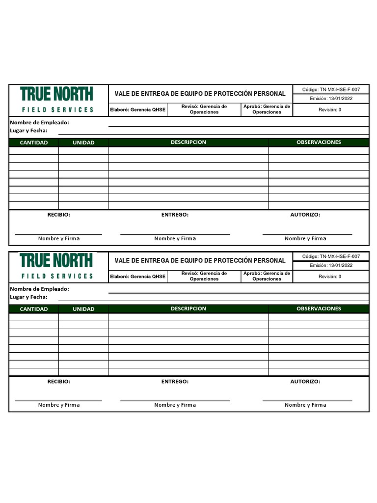 TN-MX-HSE-F-007 Vale de Entrega de EPP | PDF