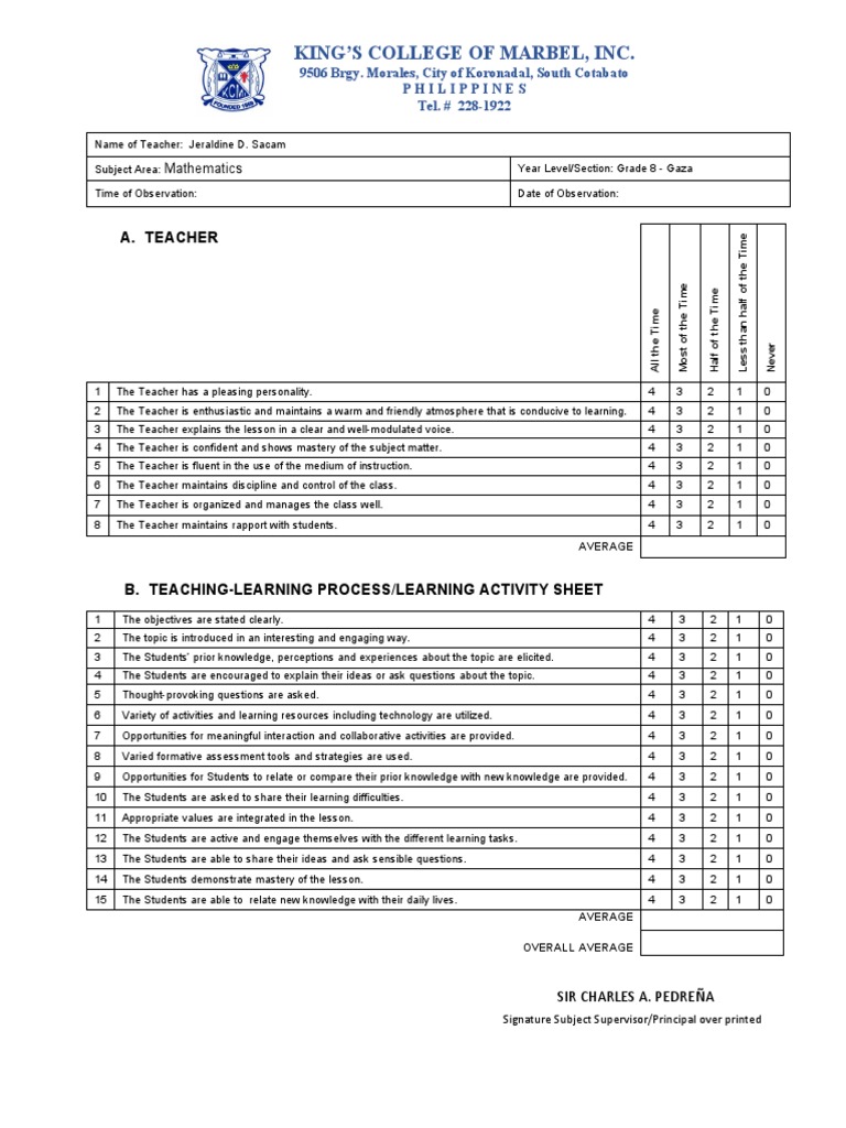 Evaluation Sheet Classroom Observation. | Download Free PDF | Teachers ...