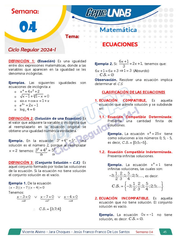 03 Semana 04 Matemática Ecuaciones | PDF | Ecuaciones | Conceptos matemáticos