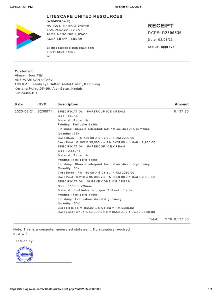 Payment Receipt for Ice Cream Packaging | PDF