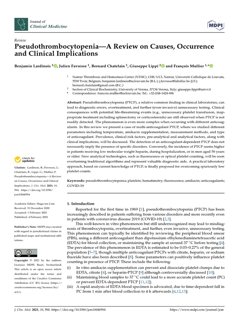 Pseudothrombocytopenia-A Review On Causes, Occurrence and Clinical Implications | PDF | Platelet ...