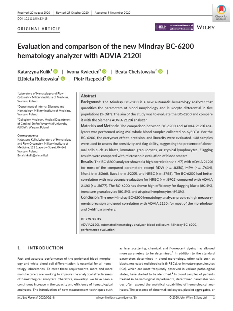 Evaluation and Comparison of The New Mindray BC-6200 Hematology Analyzer With ADVIA 2120i | PDF ...